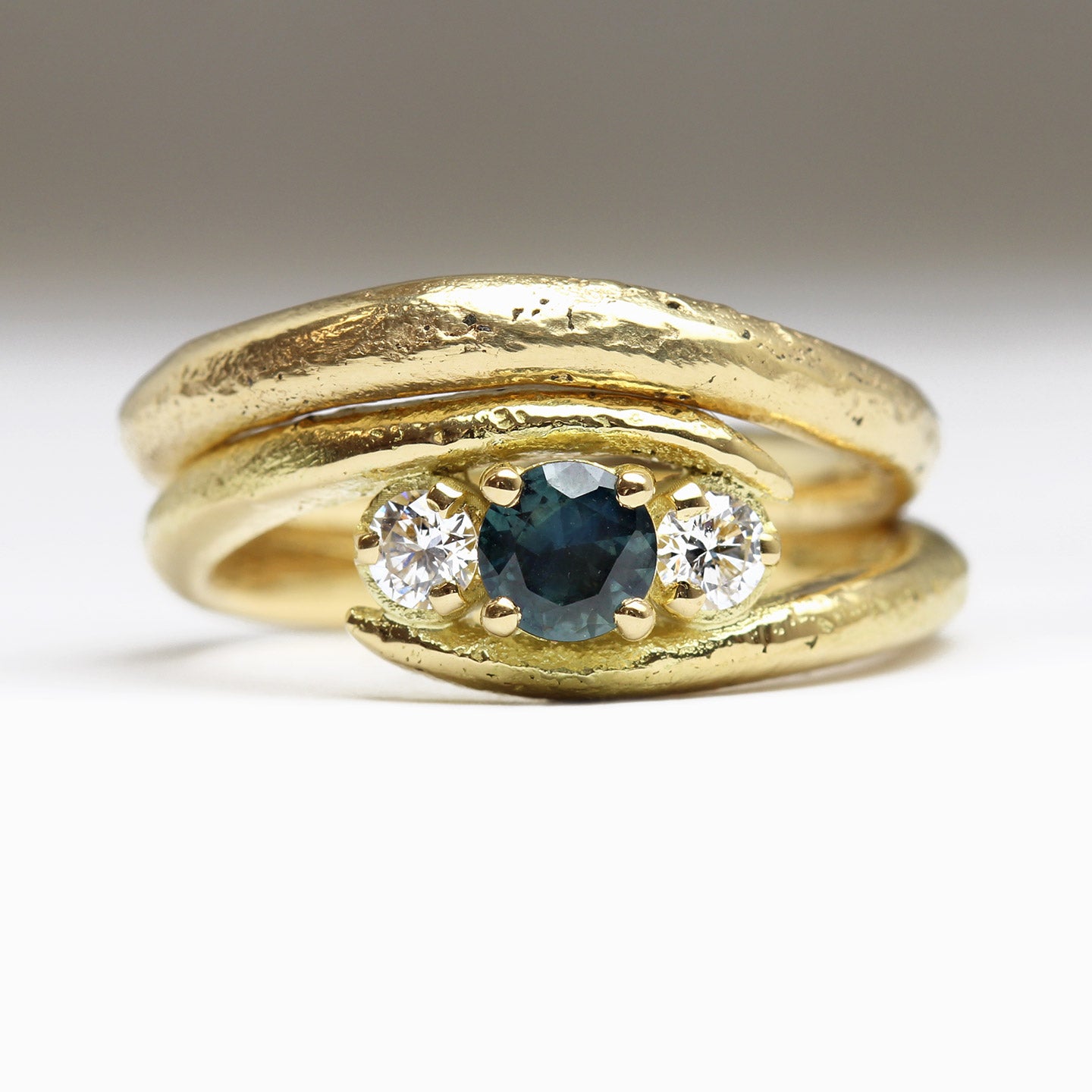 Sandcast 18ct Yellow Gold Engagement Ring with Montana Sapphire & Diam – Justin Duance