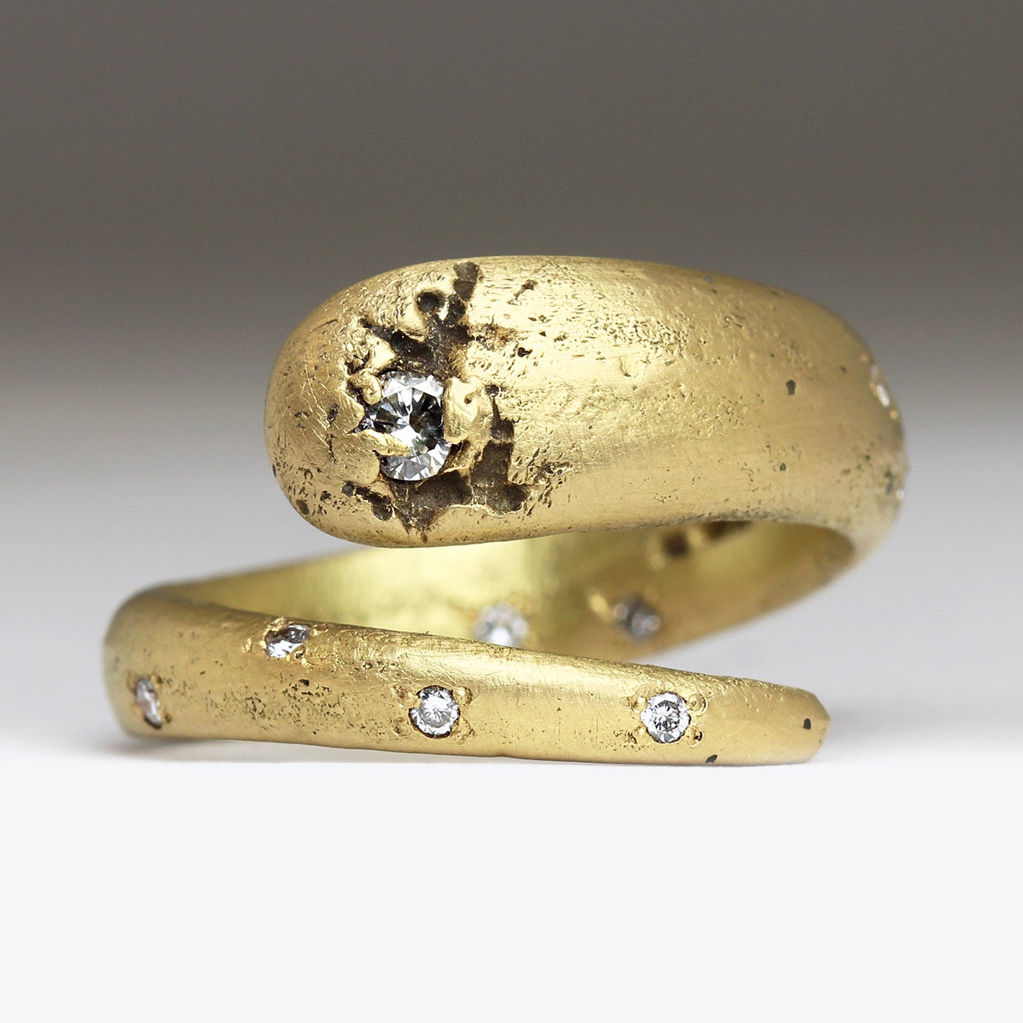 18ct Yellow Gold Sandcast Ensō Ring with Scatter of Heirloom Diamonds ...