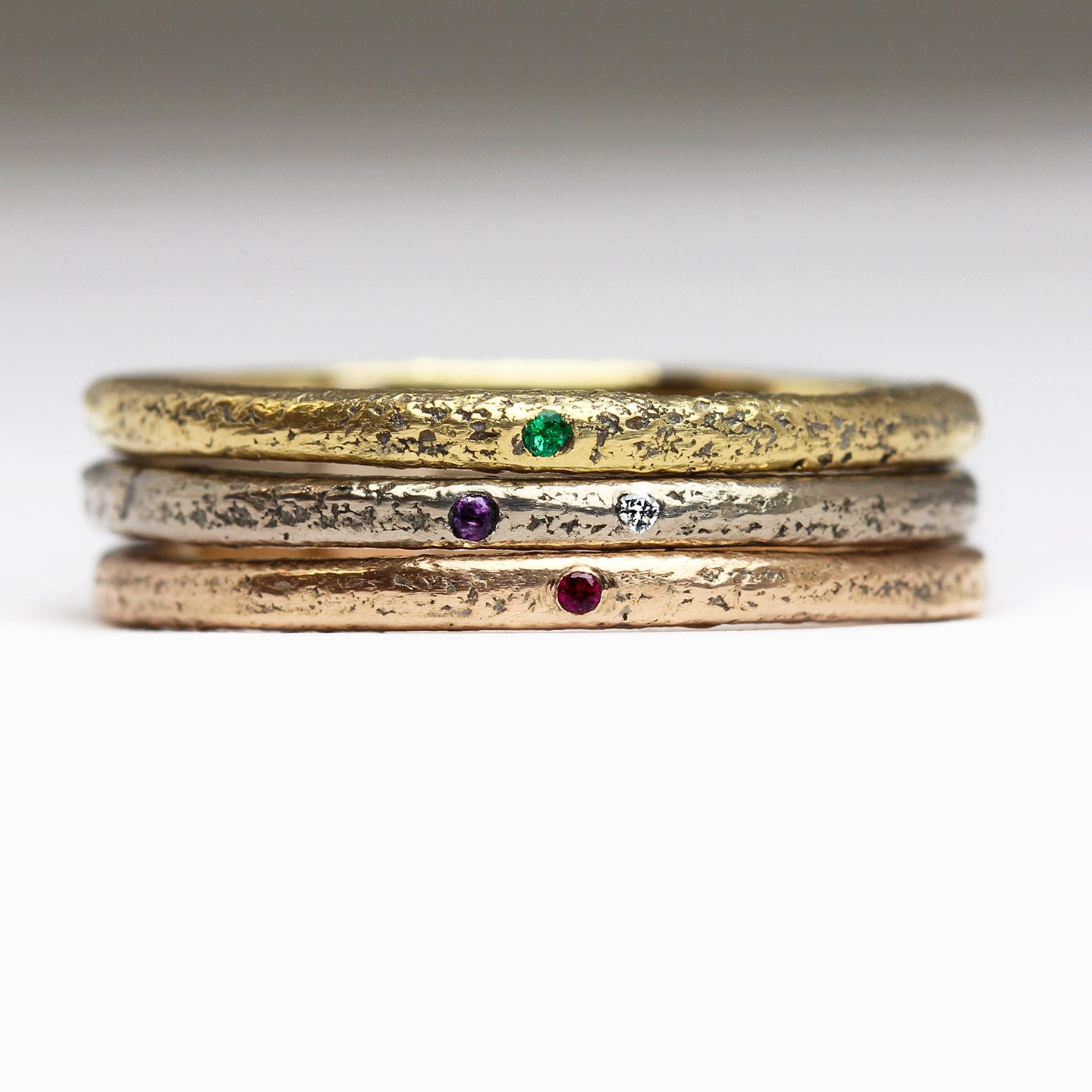 Sandcast Gold Set of Stacking Rings with Emerald, Amethyst, Diamond ...
