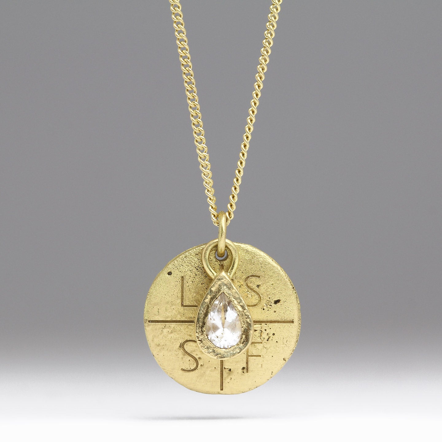 18ct Yellow Gold Sandcast Disc Pendant with Engraving & Bezel Set Whit ...