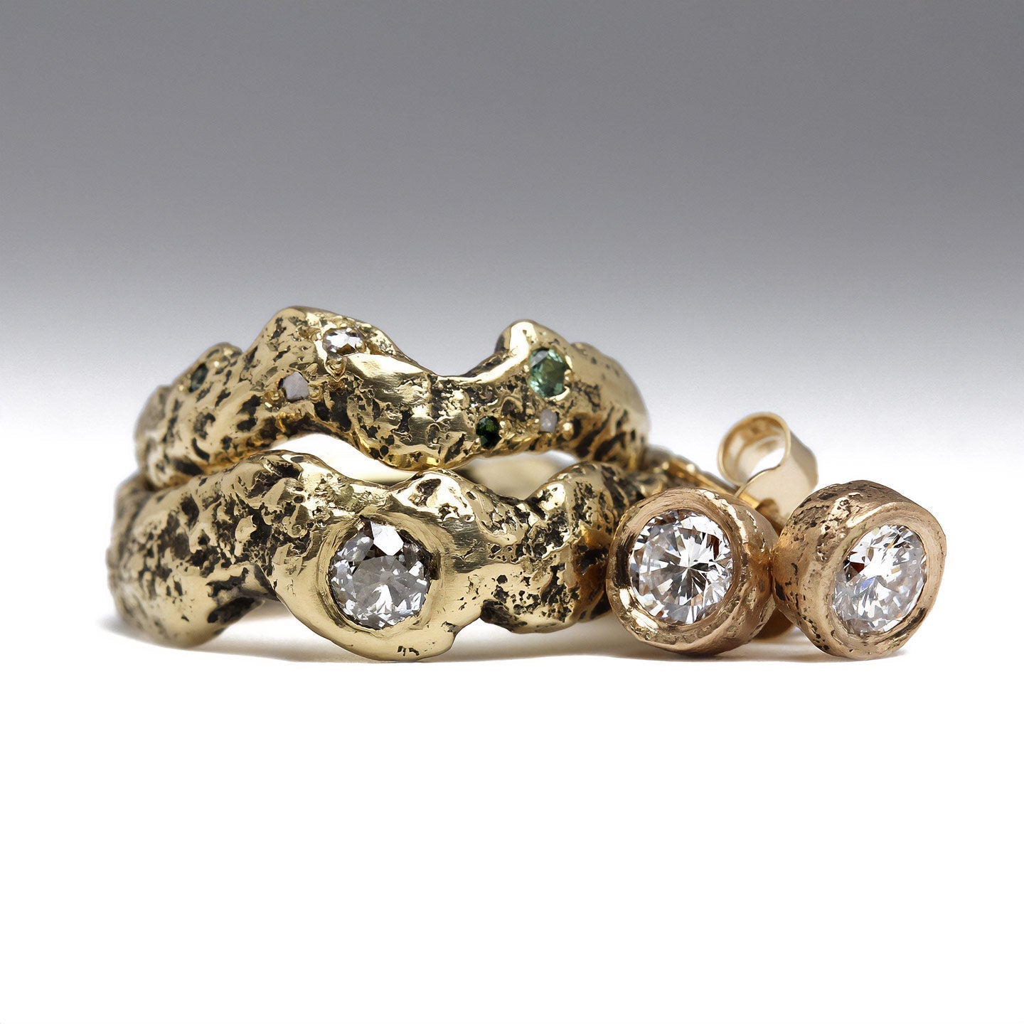 Shaped Wedding Set of Rings with Old Mine Cut Diamond, Vintage Diamond ...