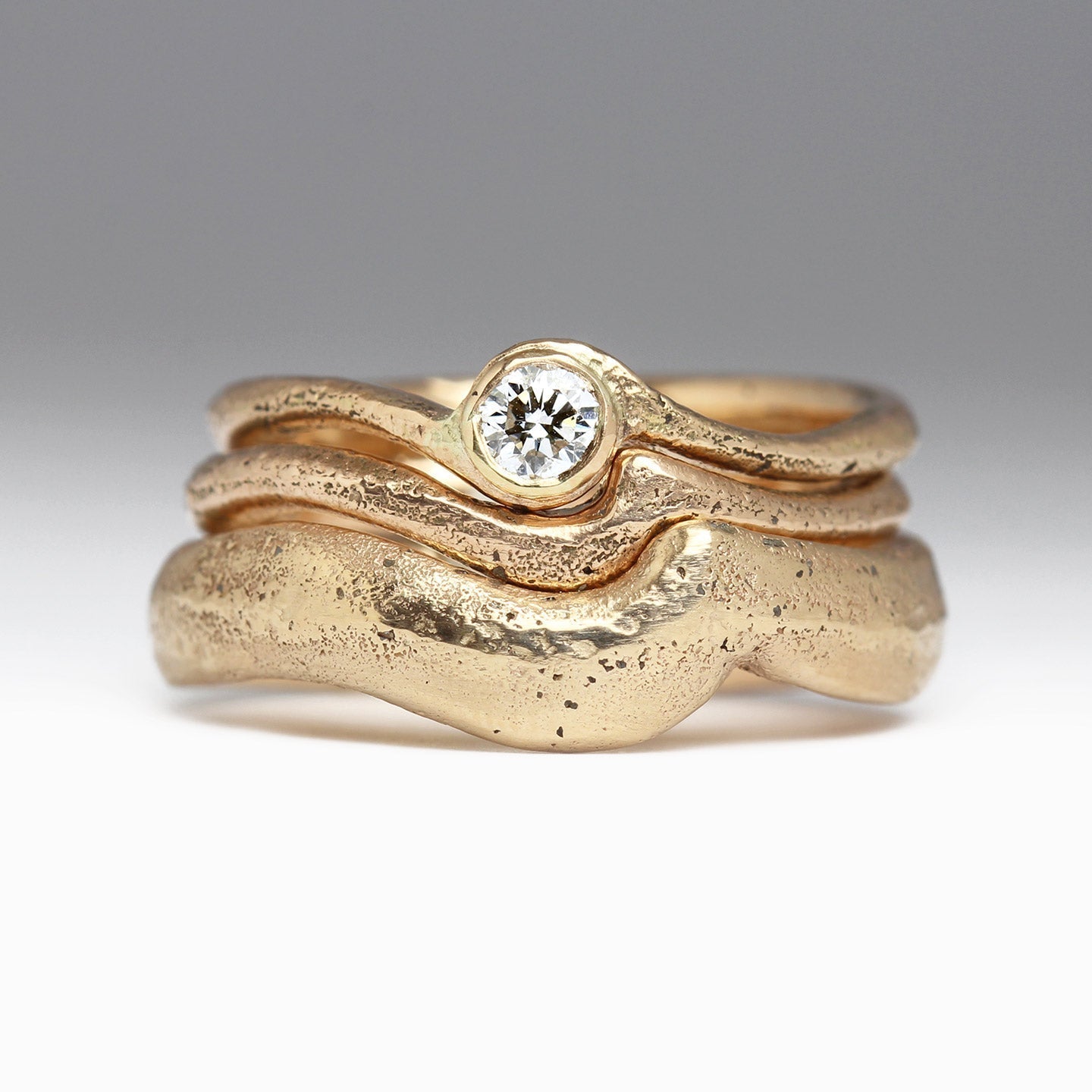 Wave Shaped Diamond Engagement Ring & Wedding Set in Sandcast 9ct Yell ...