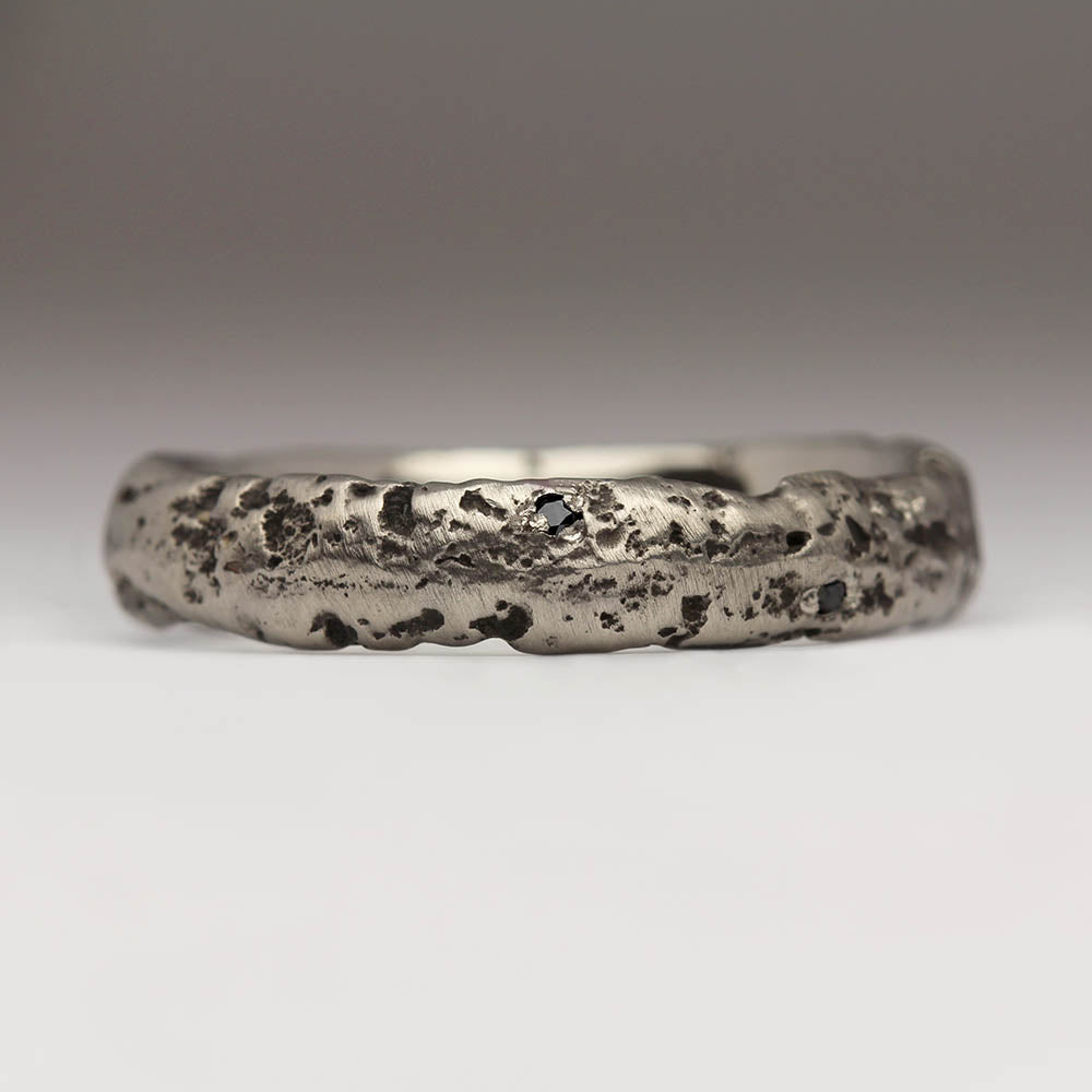 Extra Texture Sandcast Palladium Ring with Scattered 1mm Black Diamond ...
